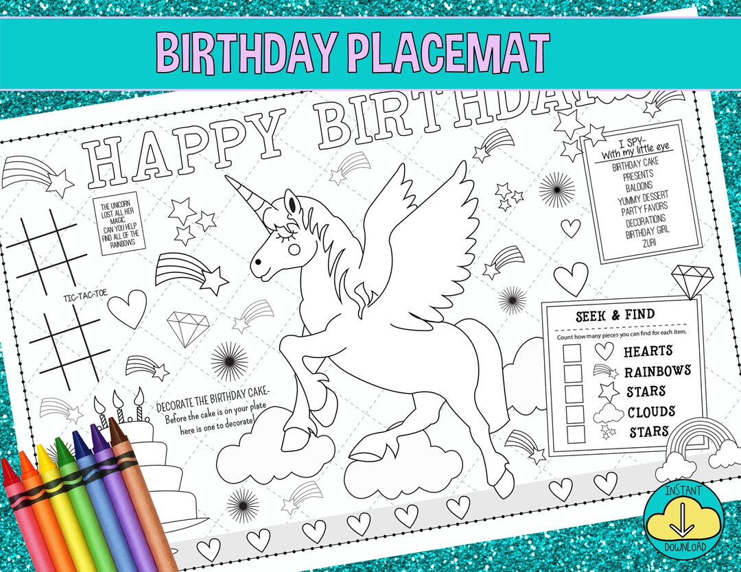 UNICORN Party-kids Activity Placemat Digital File Only - Etsy