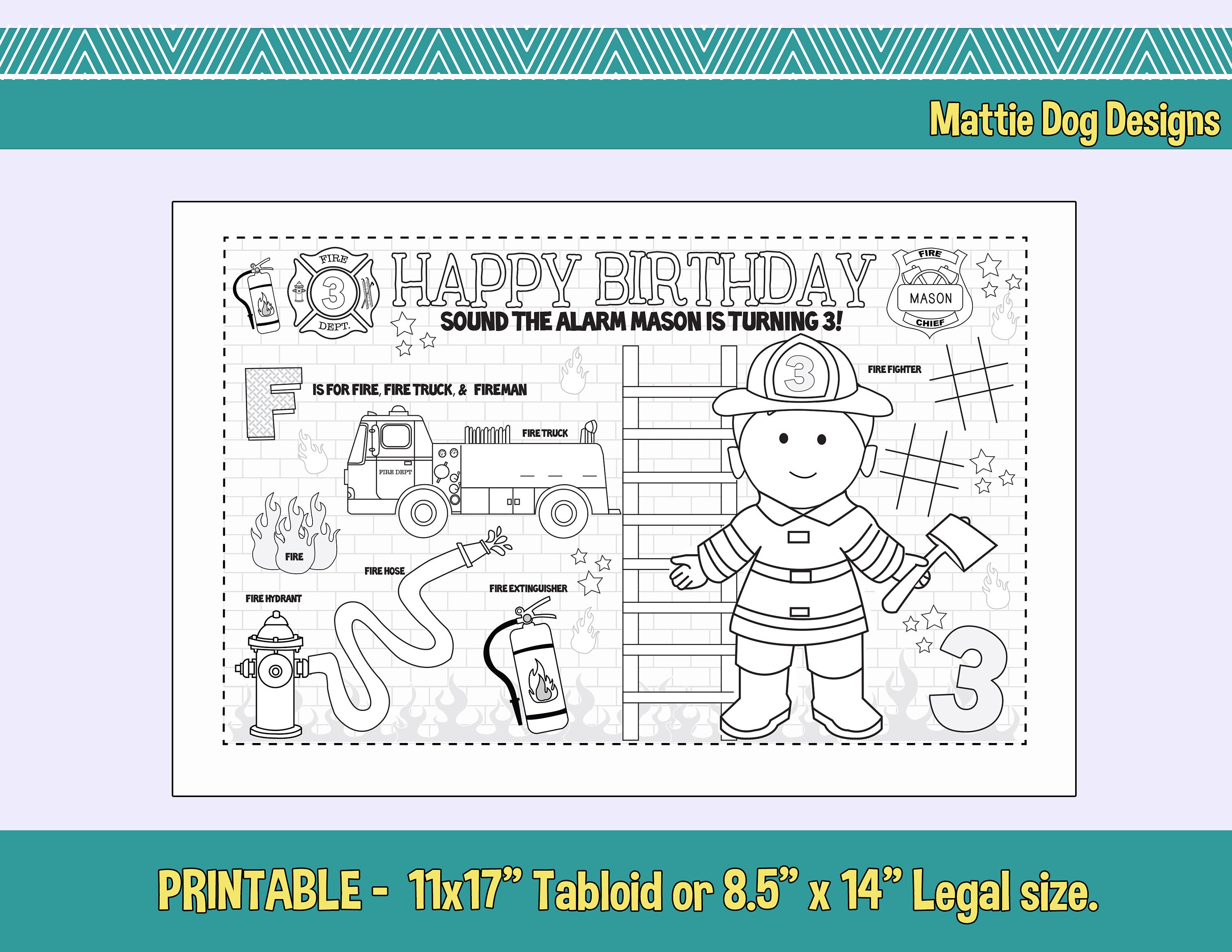 PERSONALIZED FIRE Fighter-kids Activity Placemat- Digital File Only - Etsy