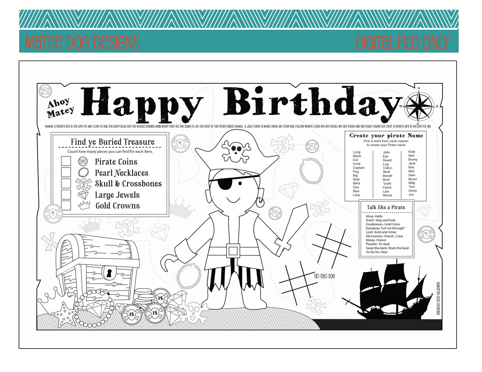 PIRATE PARTY Kids activity placemat Digital file only | Etsy