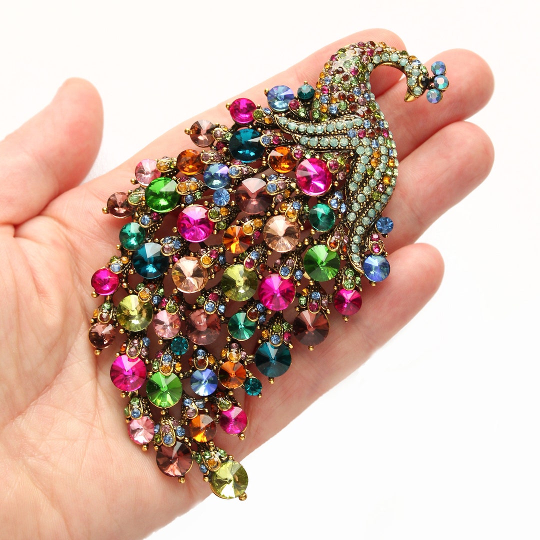Multi Colored Crystal Brooch, Rhinestone Peacock Pin Dress Sash Brooch ...