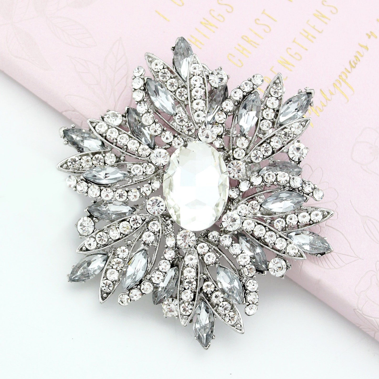 Extra Large Rhinestone Brooch: Silver Crystal Pin Sparkly Wedding ...
