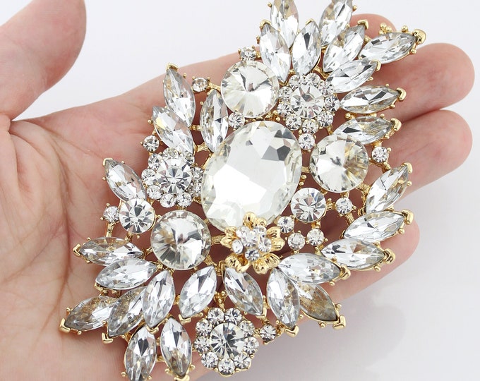 Crystal Gold Brooch, Large 4 Inch Brooch, Rhinestone Brooches, Chunky ...