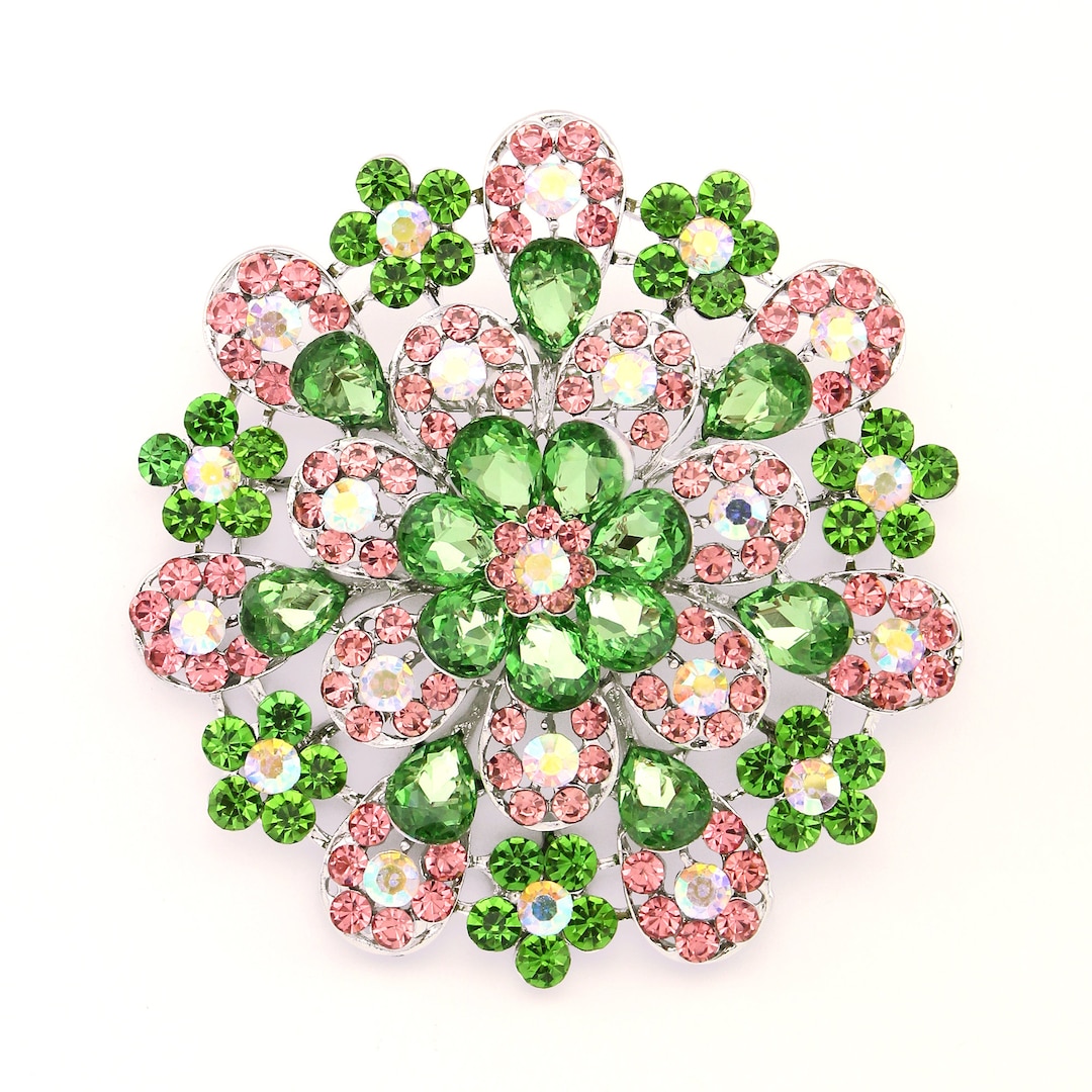 Pink Green Crystal Brooch, Large Rhinestone Brooch, Green Pink Brooches ...