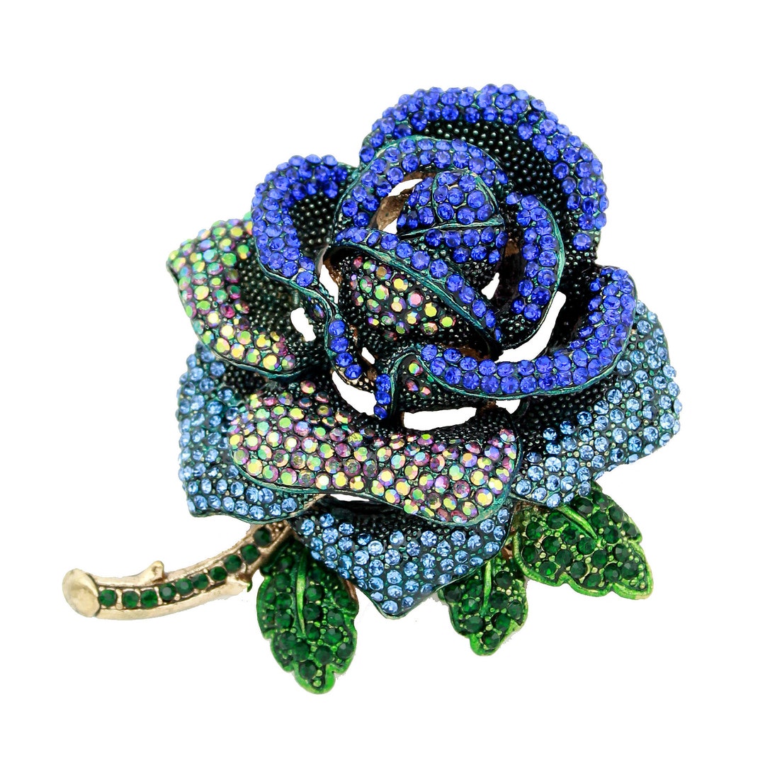 Blue Rose Brooch, Large Blue Flower Brooch Pin, Dimensional Rhinestone ...