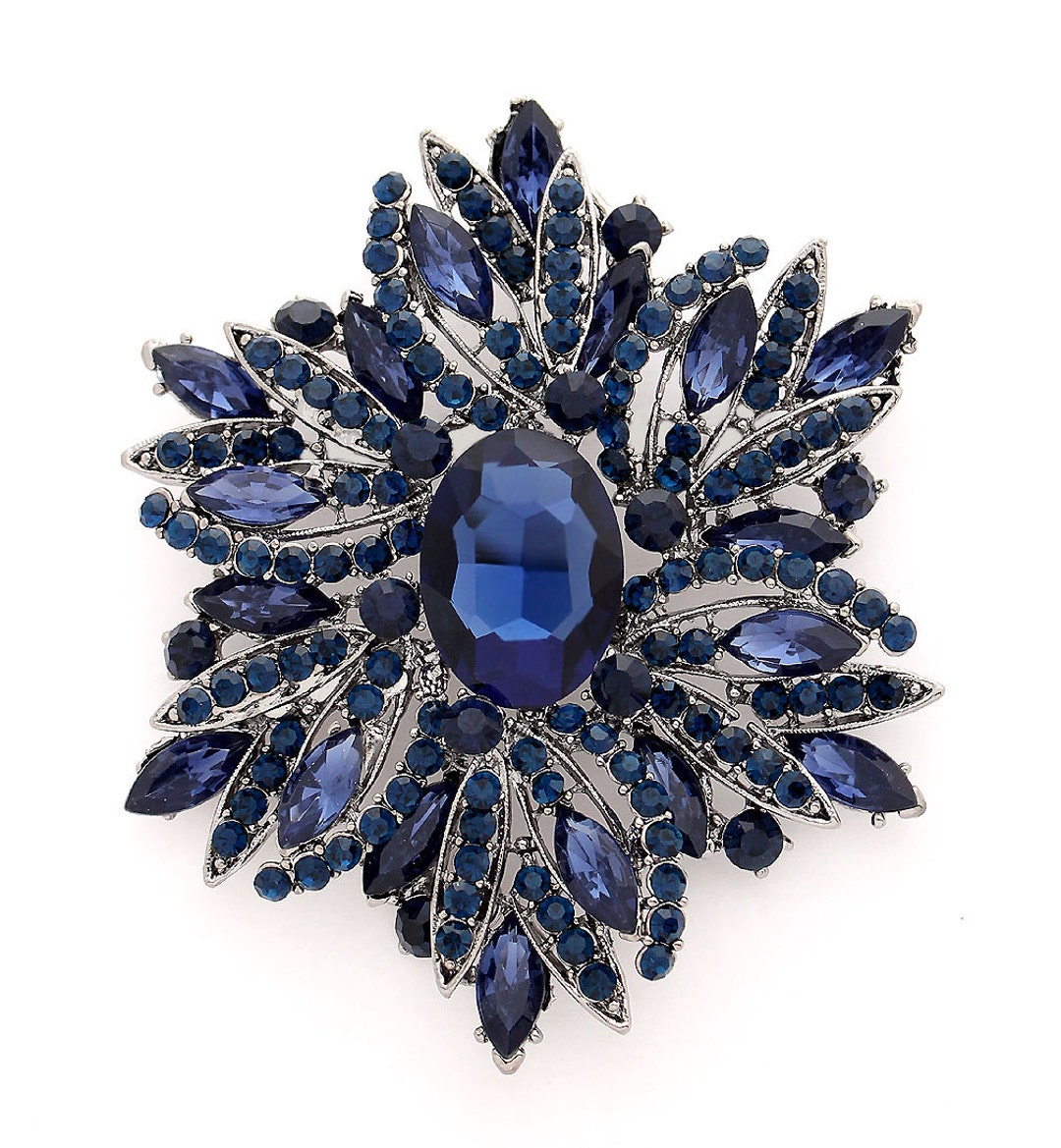Large Navy Blue Brooch, Dress Pin Brooch, Navy Bridal Rhinestone Brooch ...