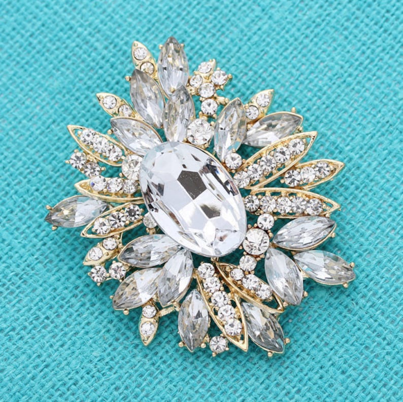 Gold Rhinestone Brooch: Large Crystal Wedding Bouquet Broach - Etsy