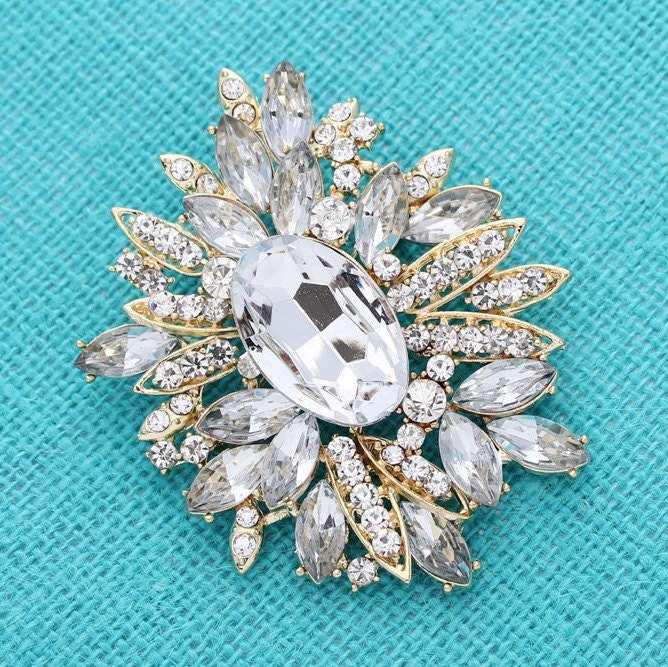 Gold Rhinestone Brooch: Large Crystal Wedding Bouquet Broach - Etsy