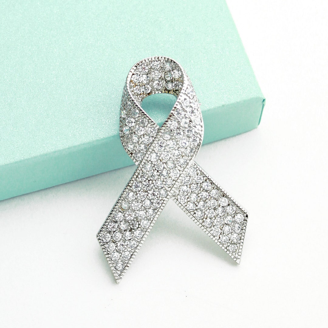 Silver Ribbon Brooch, Breast Lung Cancer Awareness Brooch Pin, Crystal ...