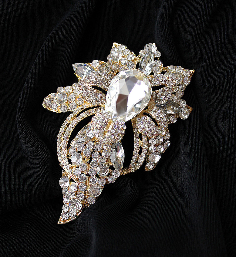 Large Crystal Brooch Dress Pin Sash Broach Gold Rhinestone | Etsy