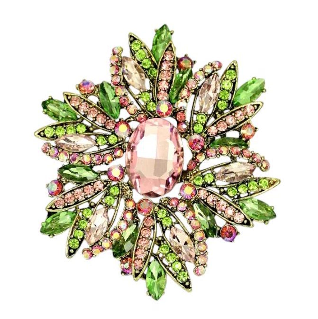 Large Crystal Rhinestone Brooch, Pink Green Dress Pin Brooch, Green ...