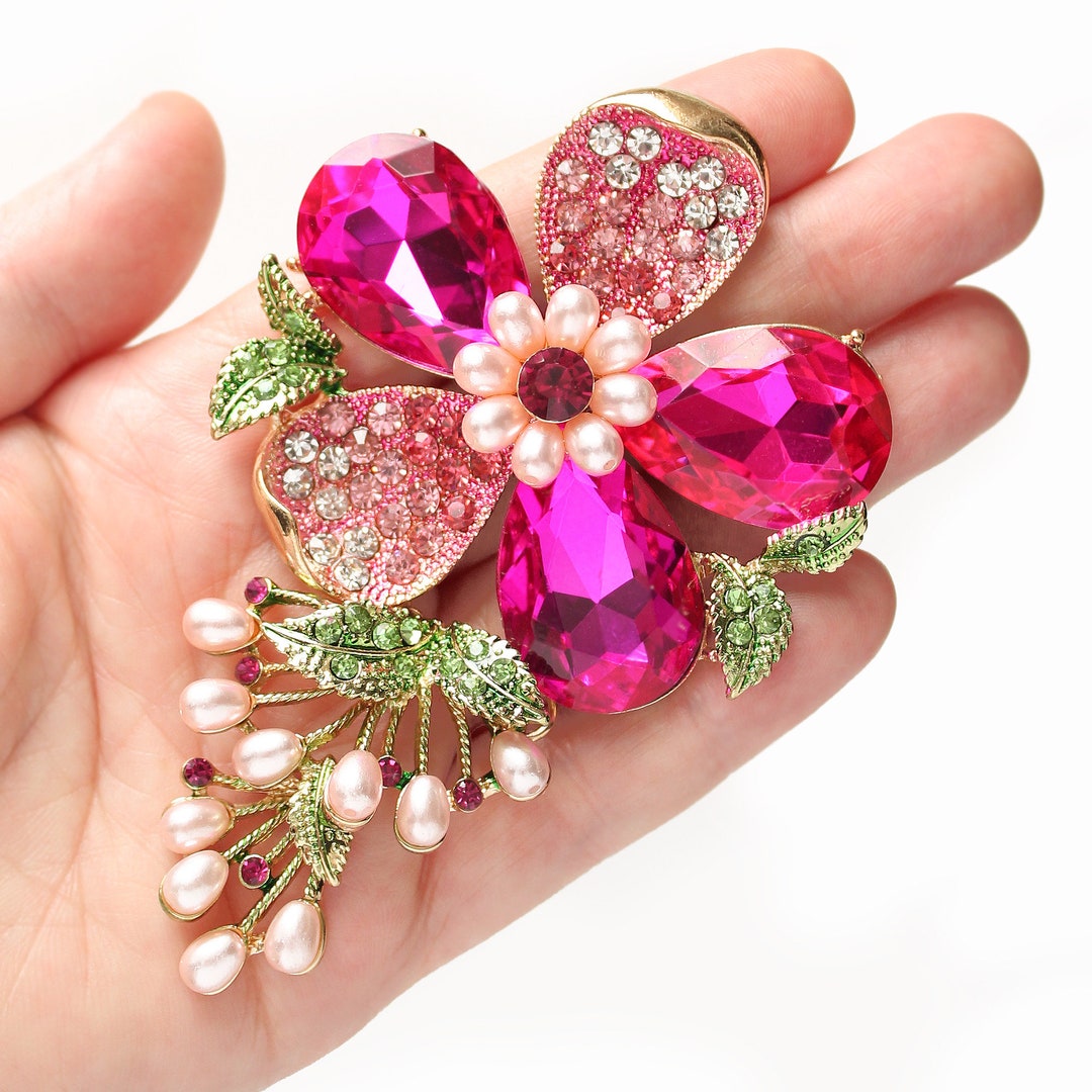 Large Pink Rhinestone Brooch 4 inch Pearl Crystal Flower Broach Bridal ...