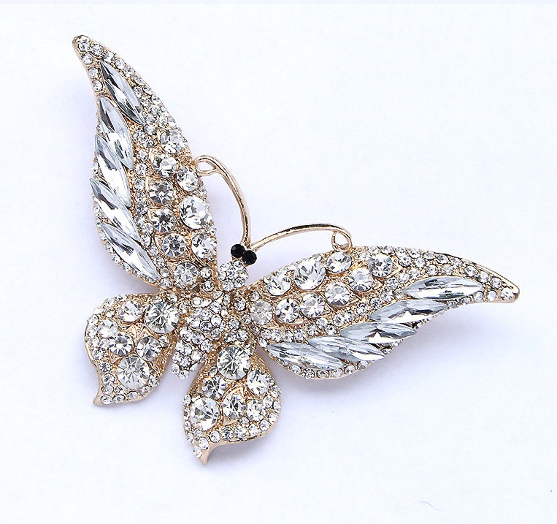 Butterfly Crystal Brooch Large Gold Rhinestone Broach - Etsy