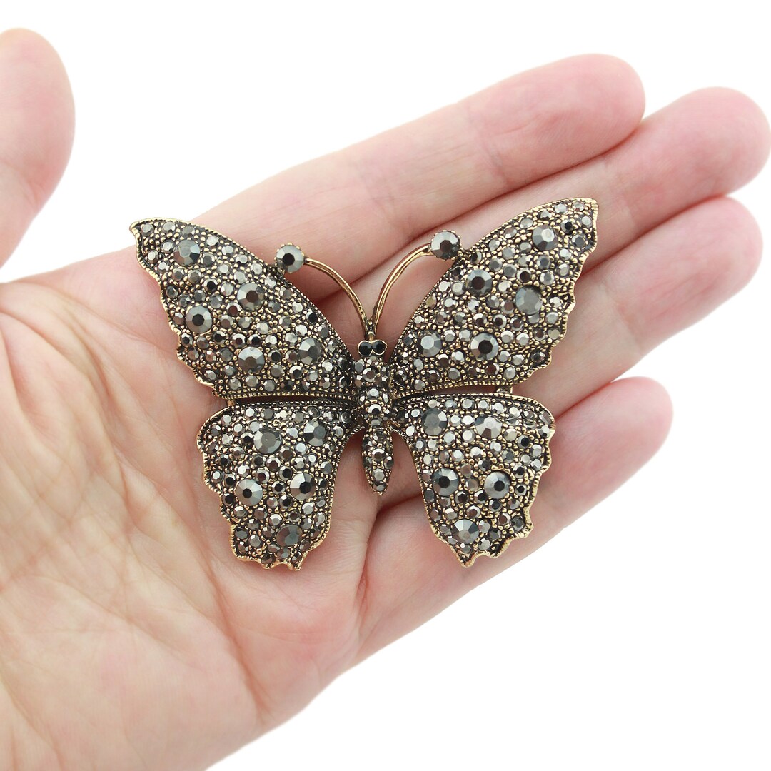 Rhinestone Butterfly Brooch, Metal Gray Hematite Crystal Brooch ...