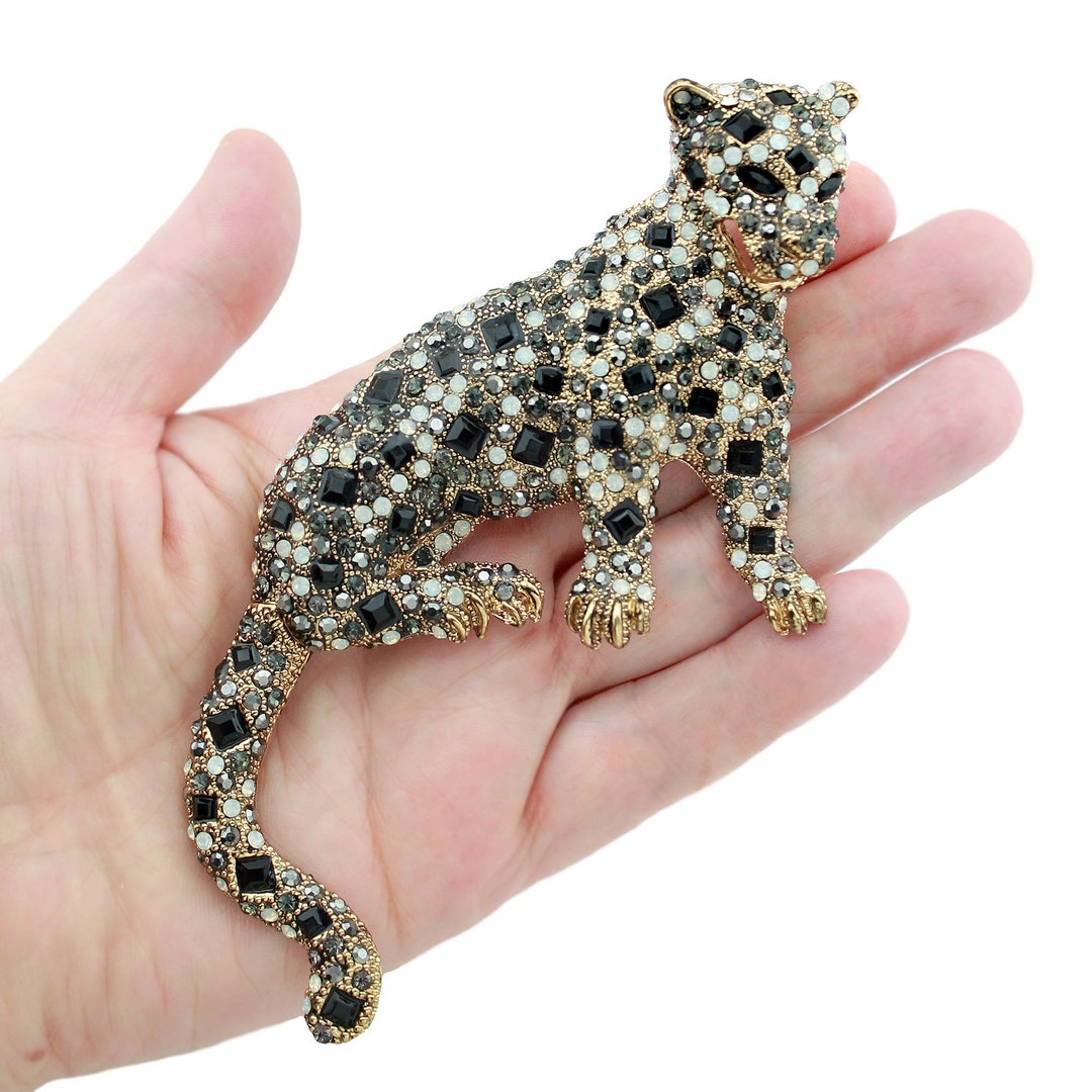 Extra Large Rhinestone Leopard Brooch: Black Crystal Animal Jewelry - Etsy