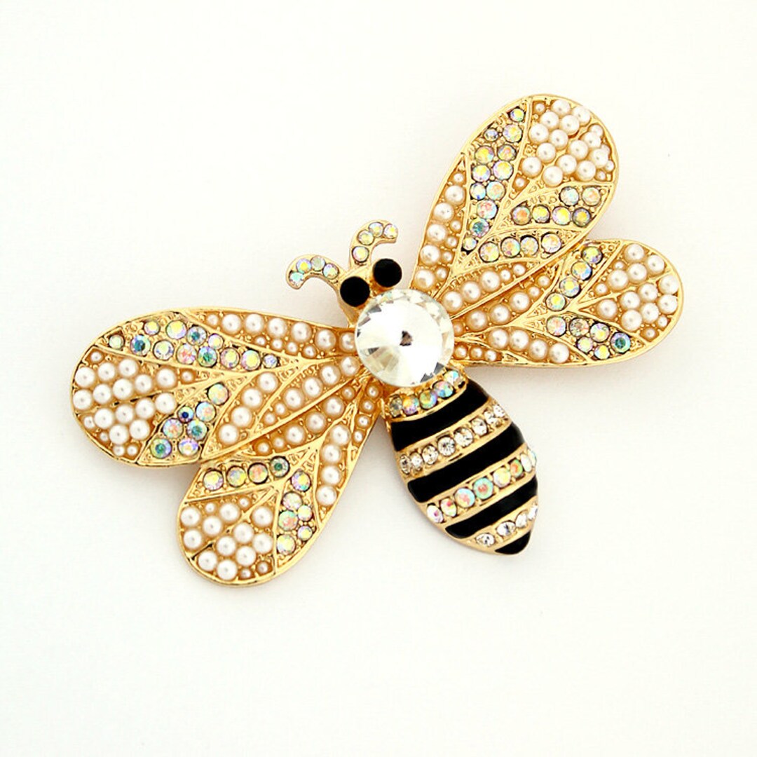 Rhinestone Honey Bee Brooch, Gold Black Insect Bug Brooch, Crystal ...