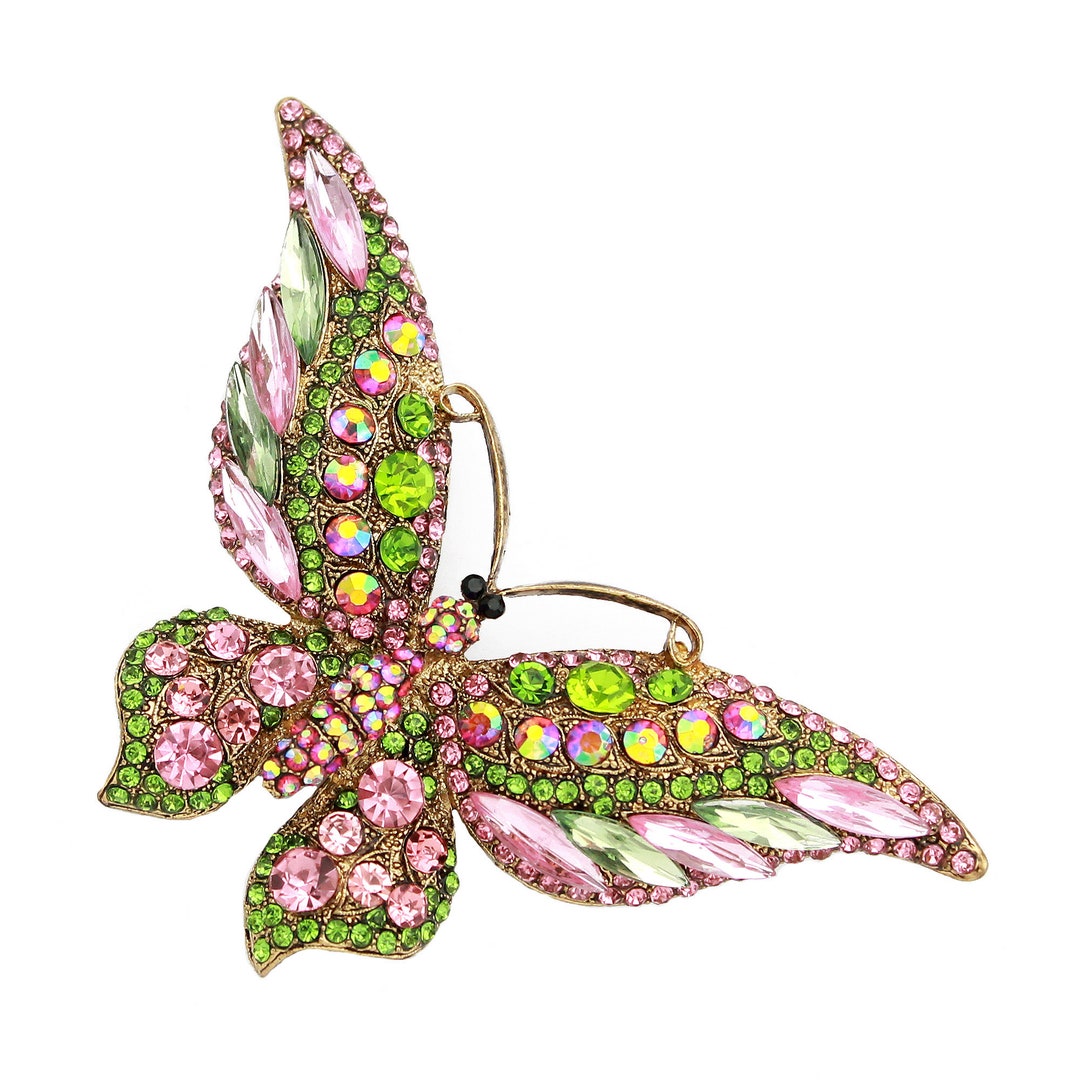Rhinestone Butterfly Brooch: Pink & Green Crystal Broach - Etsy