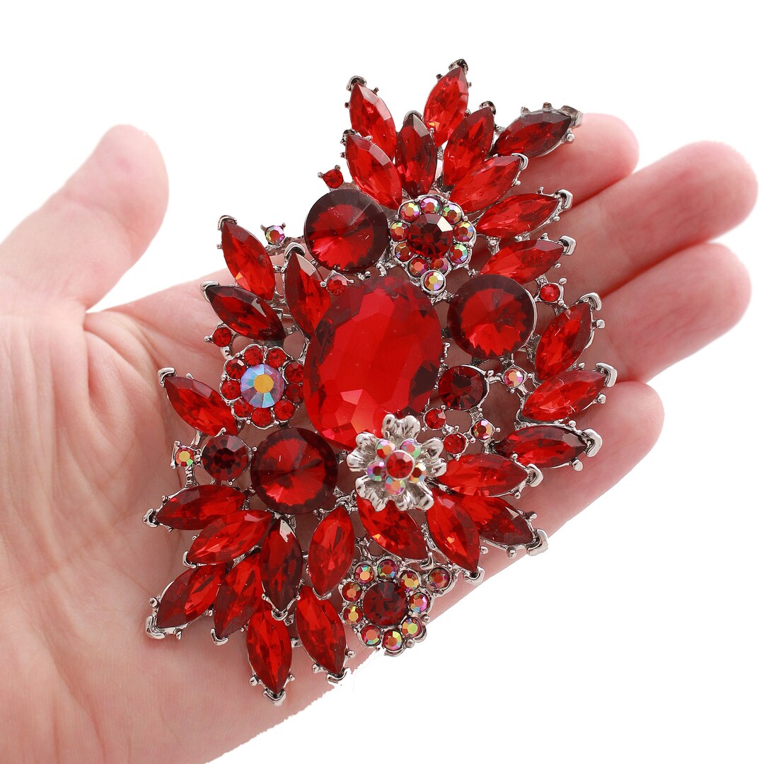 Crystal Red Brooch, Large 4 Inch Brooch, Rhinestone Brooches, Chunky ...