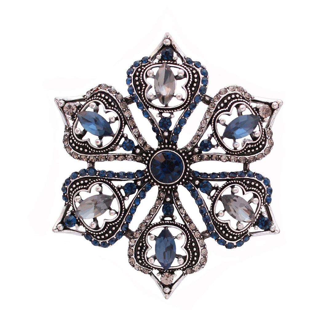 Silver Metal Blue Brooch, Navy Crystal Brooch, Blue Rhinestone Brooches ...