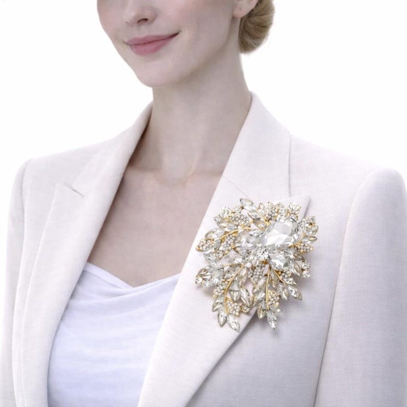 Large Crystal Rhinestone Brooch: Gold Bridal Dress Pin - Etsy