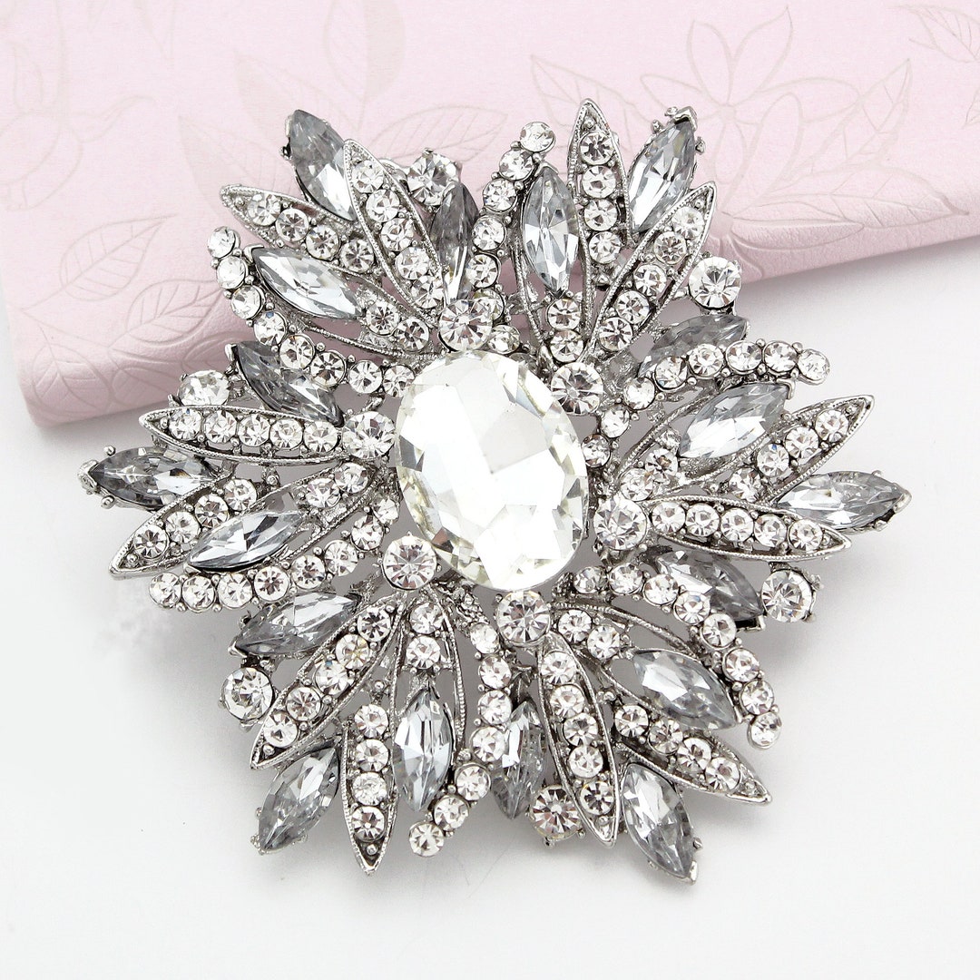 Extra Large Rhinestone Brooch: Silver Crystal Pin Sparkly Wedding ...