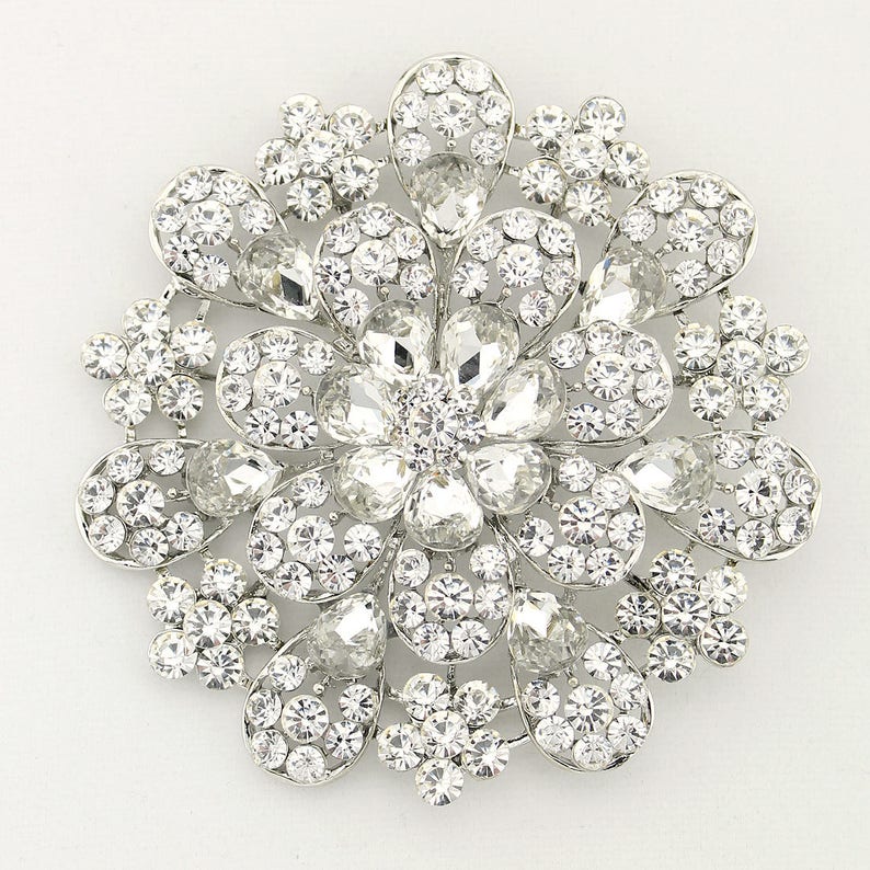 Large Rhinestone Brooch Bridal Brooch Pin Silver Metal - Etsy