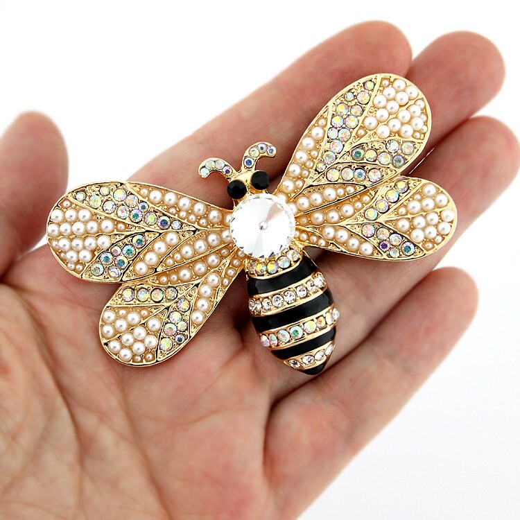 Rhinestone Honey Bee Brooch Gold Black Insect Bug Brooch | Etsy