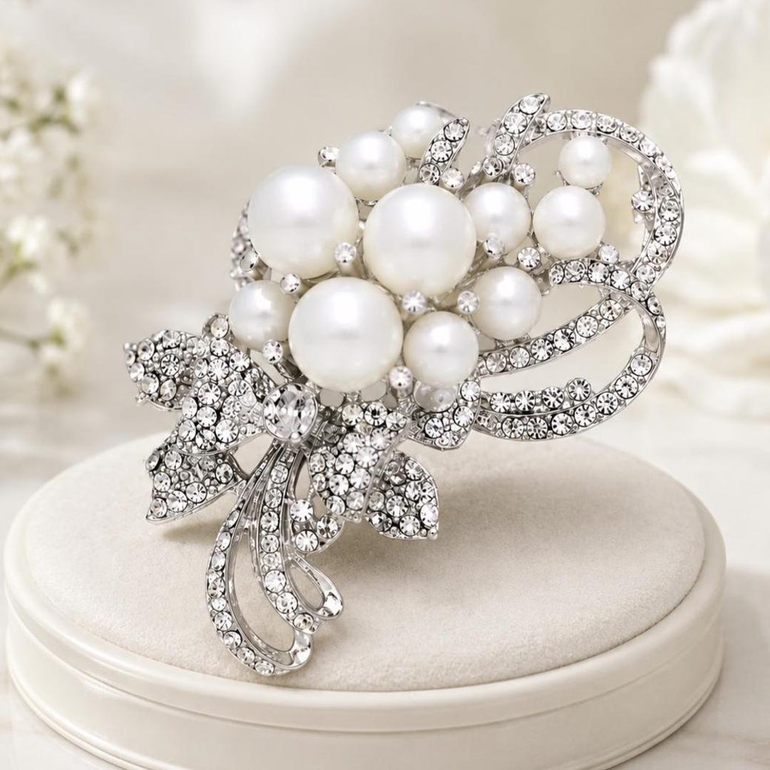 Crystal Pearl Brooch: Silver Wedding Bouquet Pin - Etsy