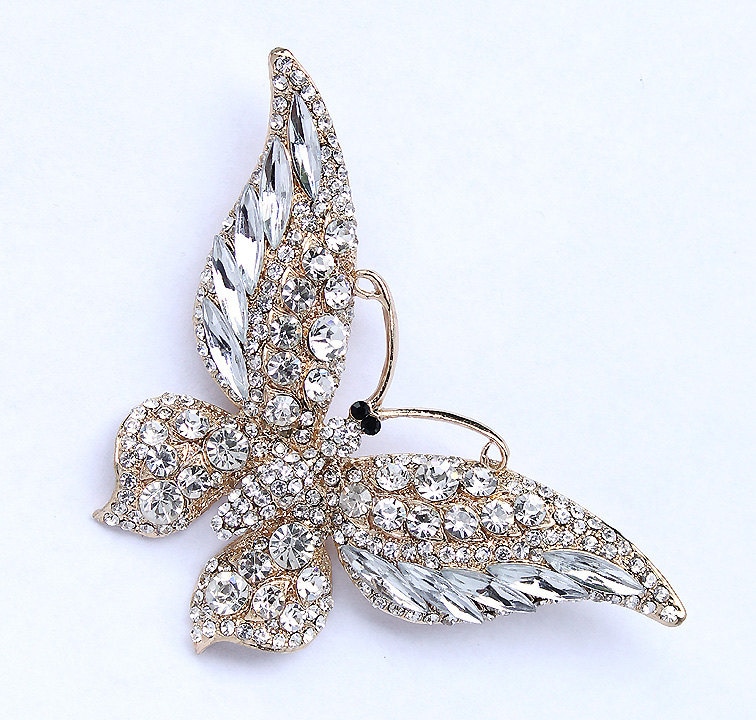 Butterfly Crystal Brooch Large Gold Rhinestone Broach - Etsy