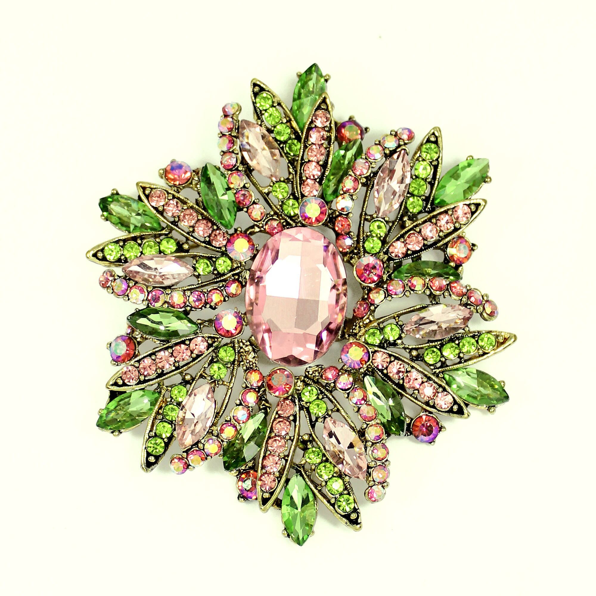 Large Crystal Rhinestone Brooch Pink Green Dress Pin Brooch - Etsy