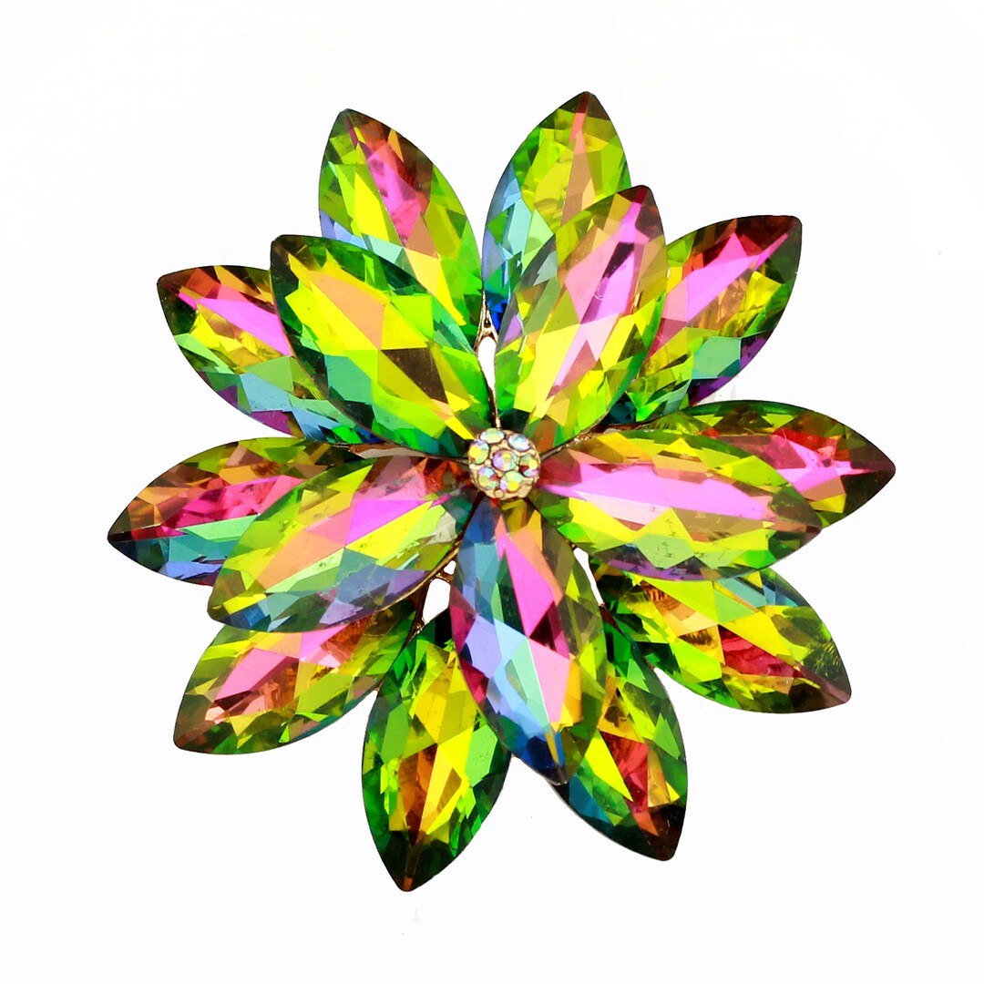 Large Rhinestone Brooch, AB Green Brooches Pins Women, Chunky Flower ...