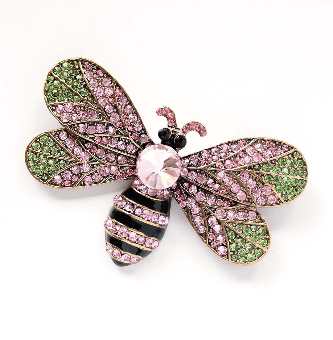 Bee Rhinestone Brooch, Large Pink Green Honey Bee Broach Pin, Insect ...