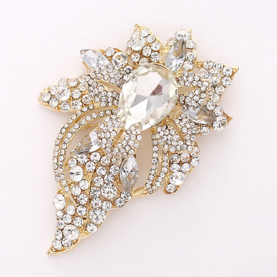 Large Crystal Brooch, Dress Pin Sash Broach, Gold Rhinestone Brooches ...