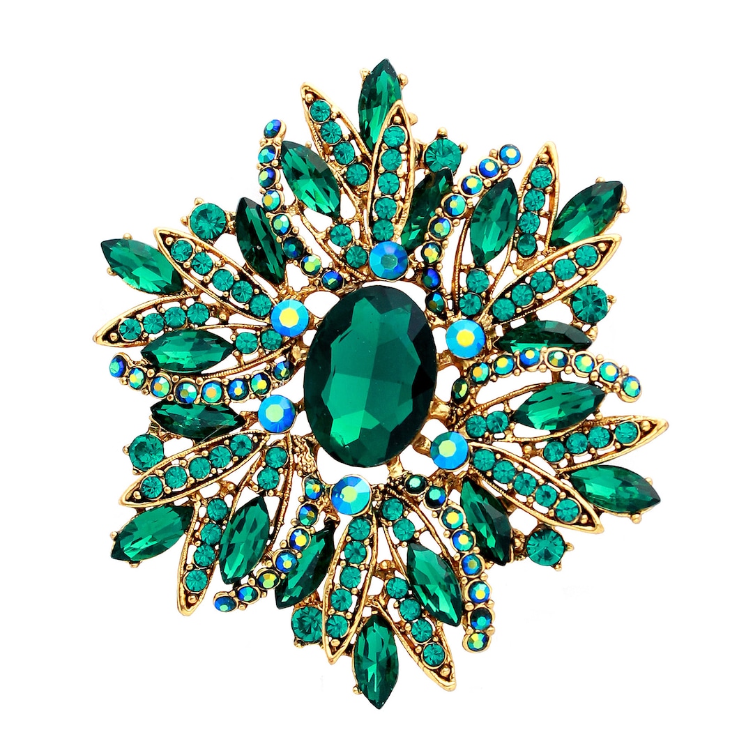 Large Rhinestone Brooch, Emerald Green Brooches Pins Women, Gold Metal ...