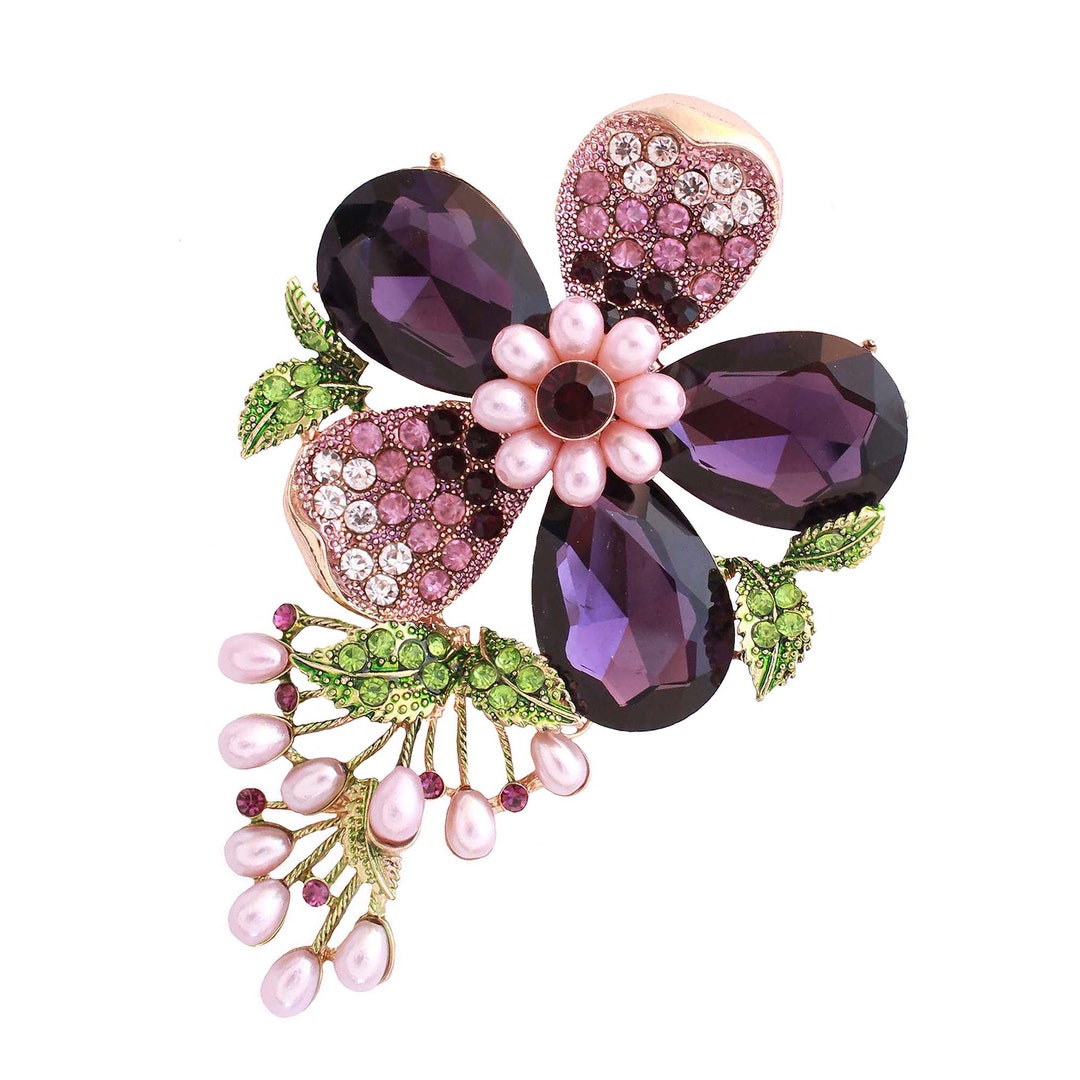Purple Crystal Flower Brooch, Large Purple Brooches Pins, 4 Inch Pearl ...