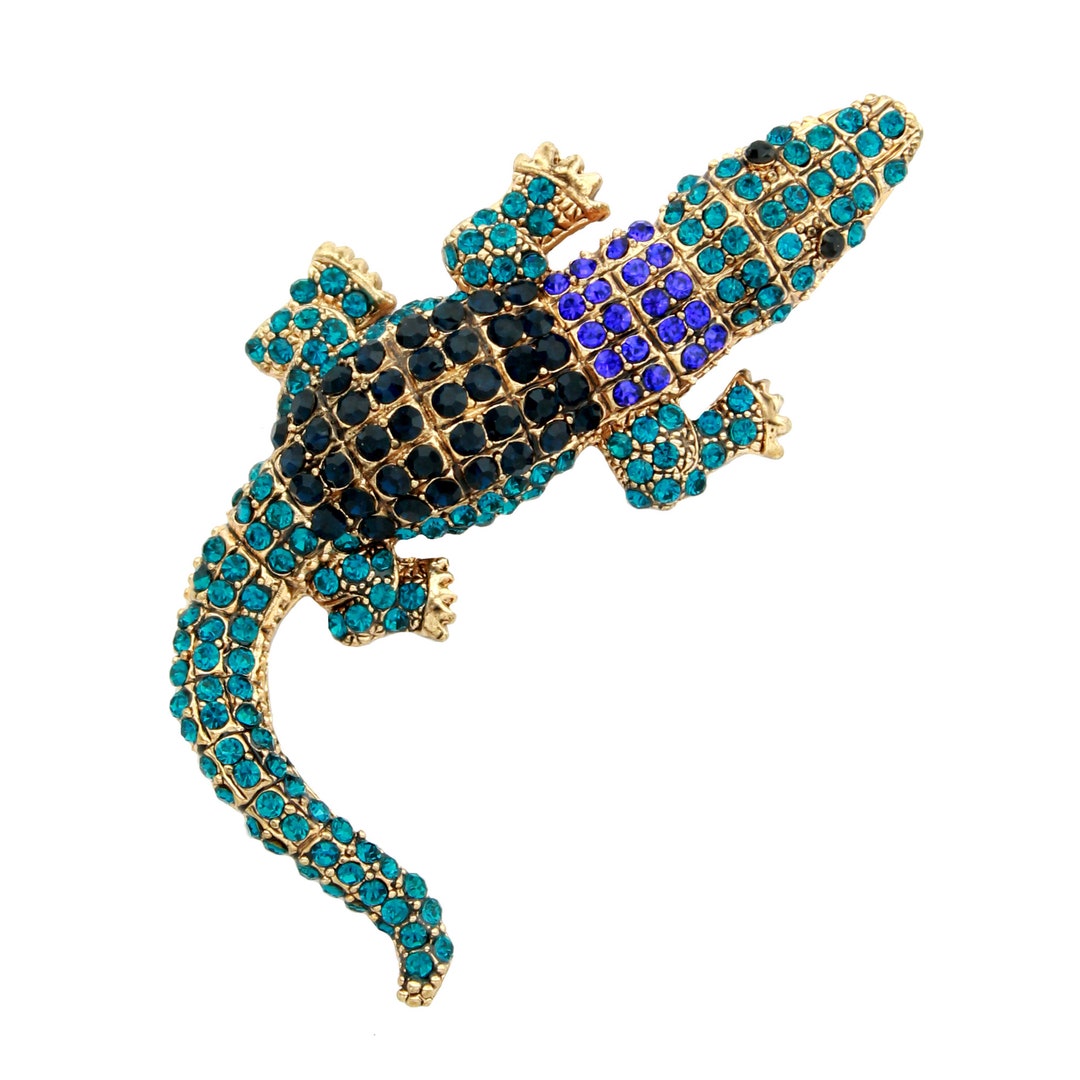 Rhinestone Crocodile Brooch Gold Tone Blue Reptile Pin Jewelry - Etsy