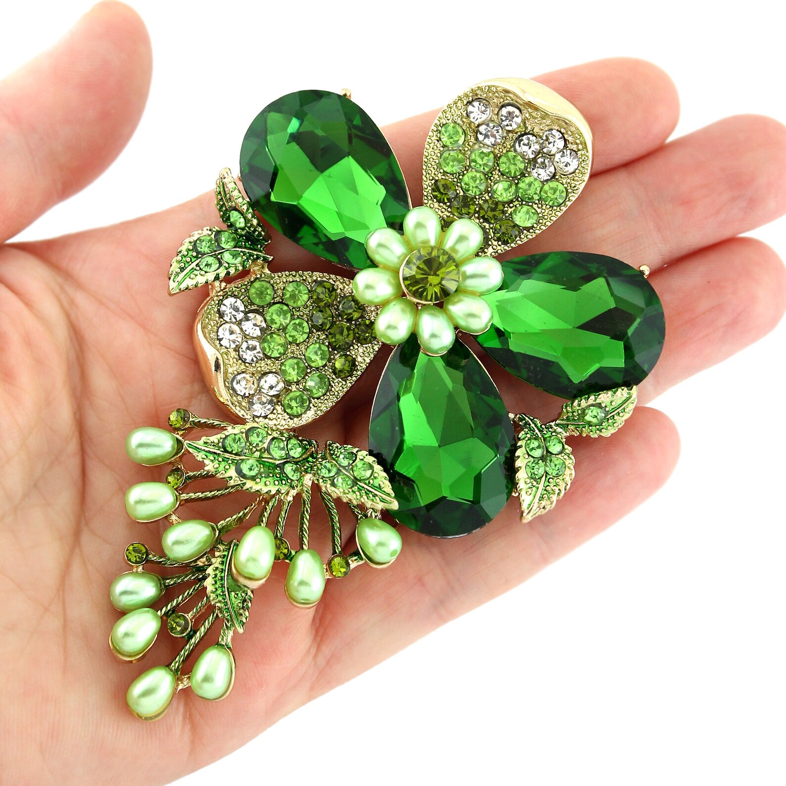 Flower Rhinestone Brooch Pearl Green Crystal Broach 4 inch - Etsy España