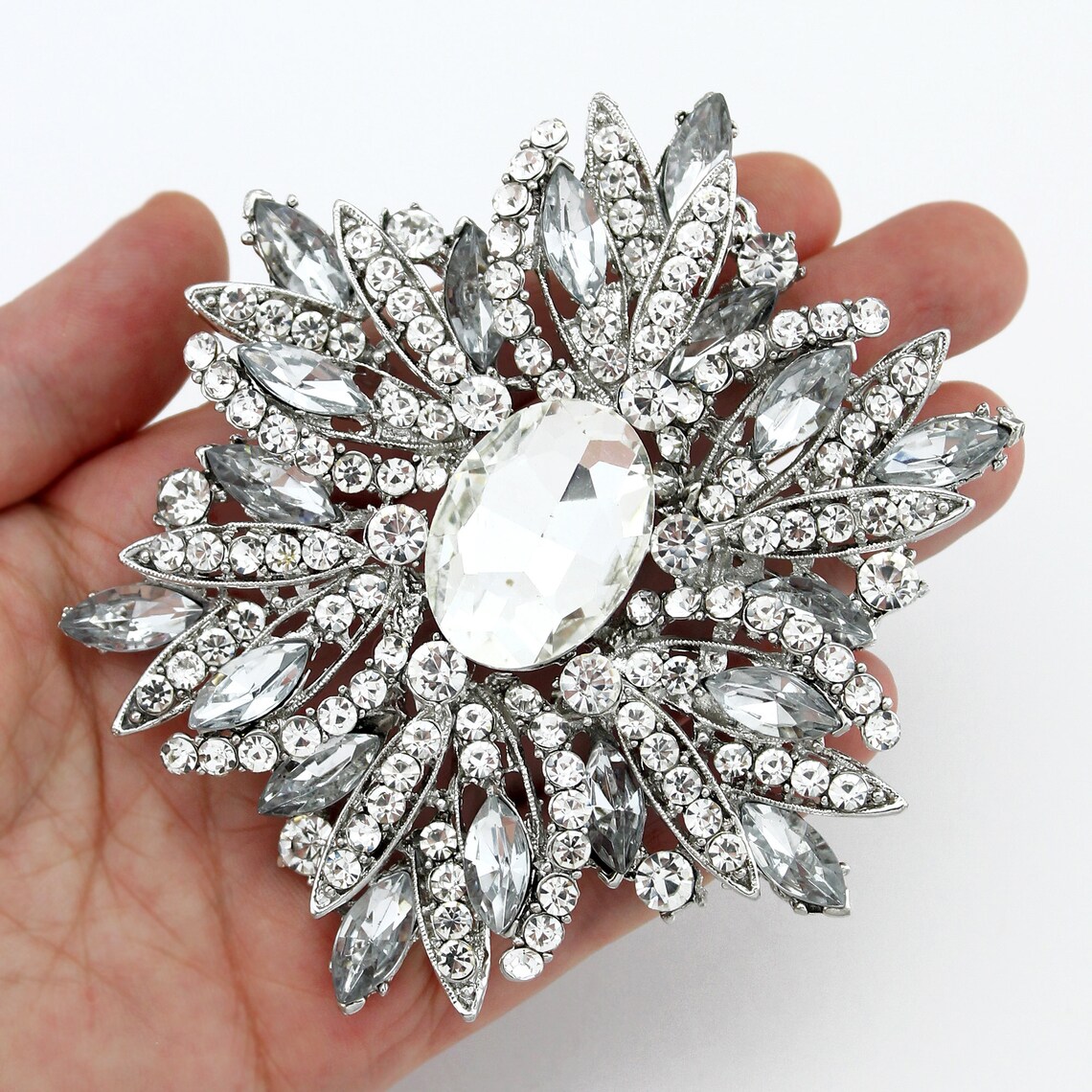 Extra Large Rhinestone Brooch: Silver Crystal Pin Sparkly Wedding ...