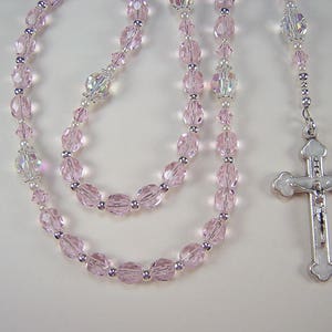 Girls Pink Rosary Catholic 17" Pink Shimmer & Crystal AB Czech Glass ...