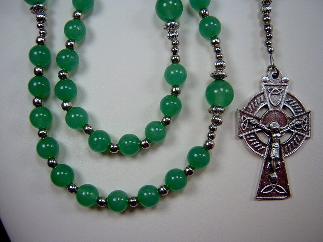 Irish Mens Rosary 24 1/2" Catholic St Patrick & St Bridget Green Agate ...