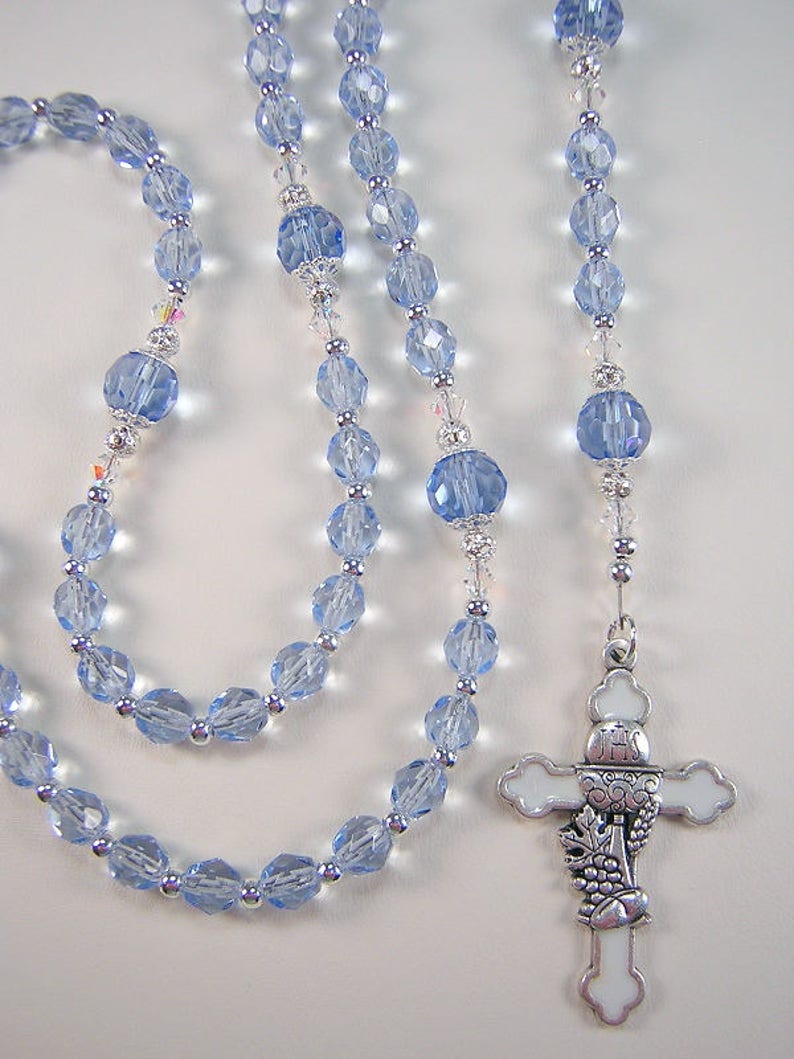 Czech Glass Rosary for Girls First Communion, Light Blue Sapphire Beads ...