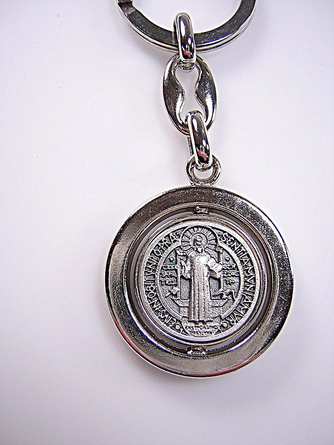 St Benedict Medal Silver Keychain Catholic Swivel Pendant Religious Key ...