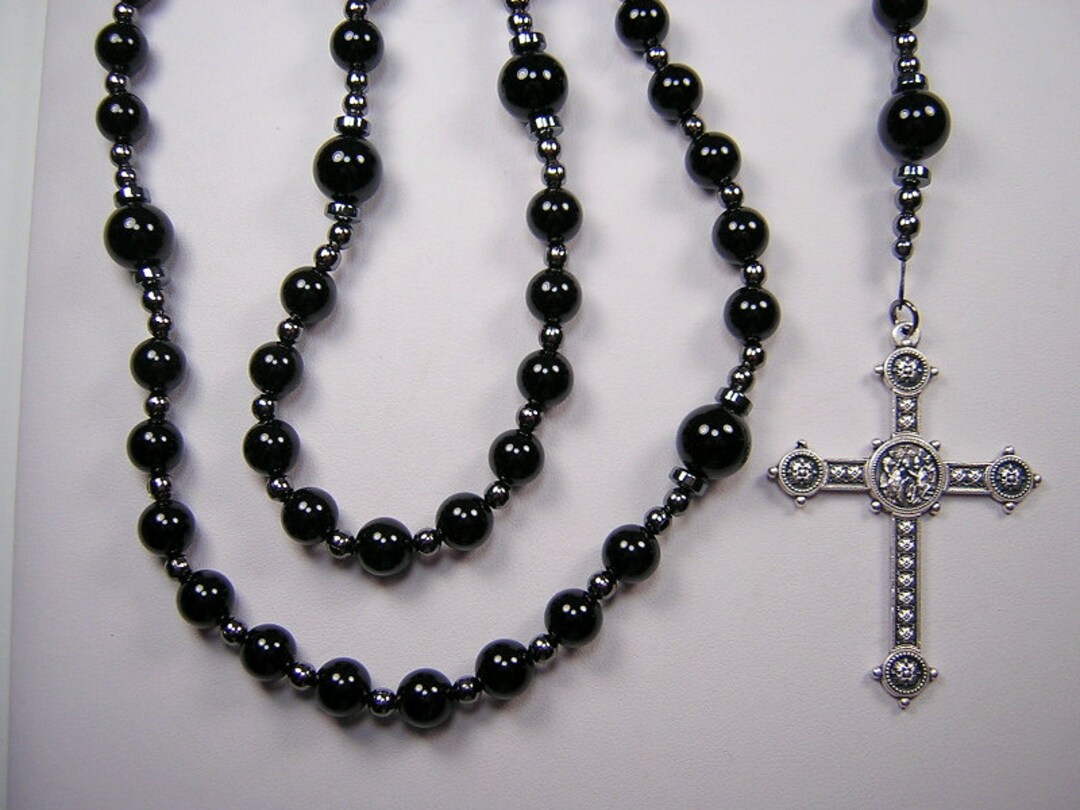 Mens Black Onyx Rosary Necklace, Papal Cross Ferula, Catholic Jewelry ...