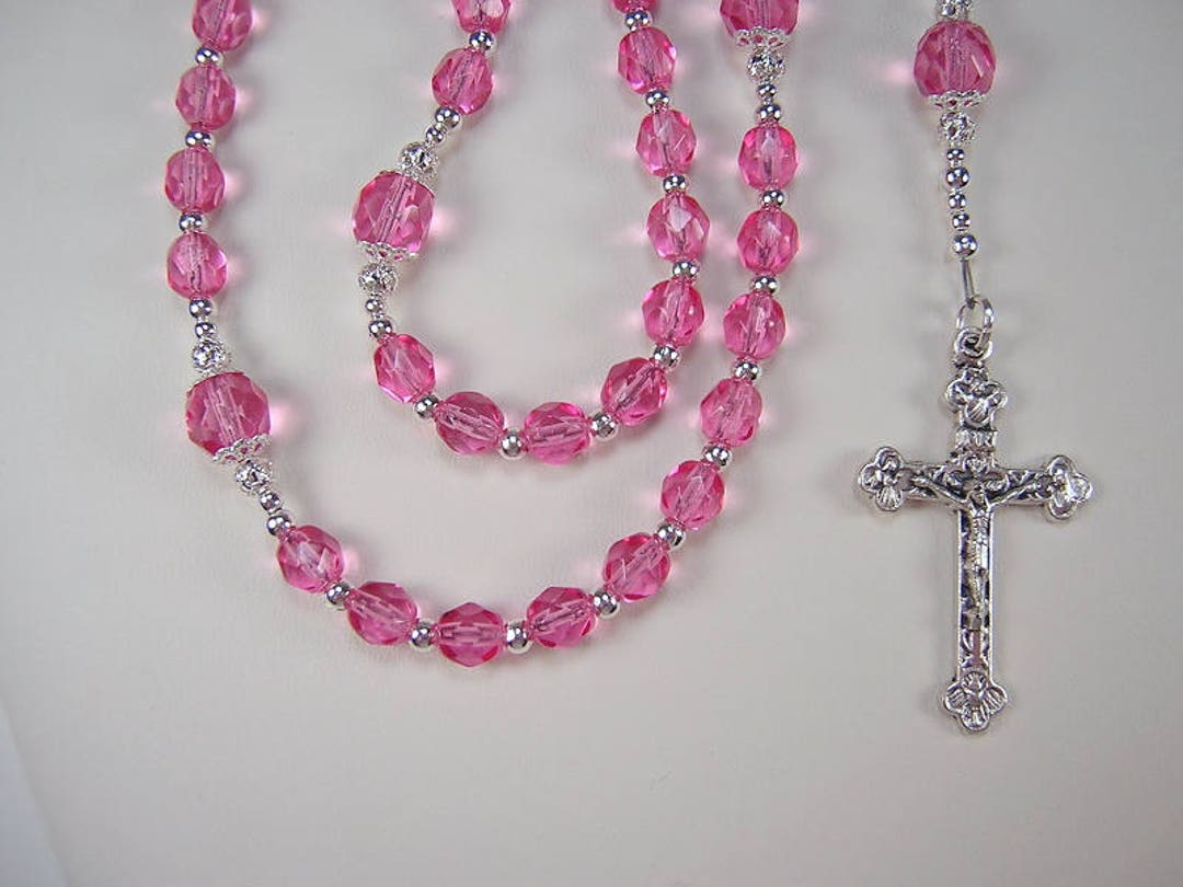 Girls Pink Rosary: Czech Glass Beads, Holy Trinity Crucifix - Etsy