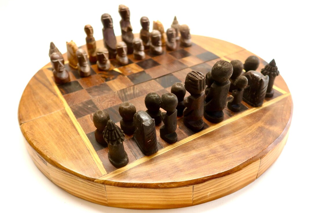 Vintage African Makonde Chess Set – Hand-carved 14″ Round Board ...