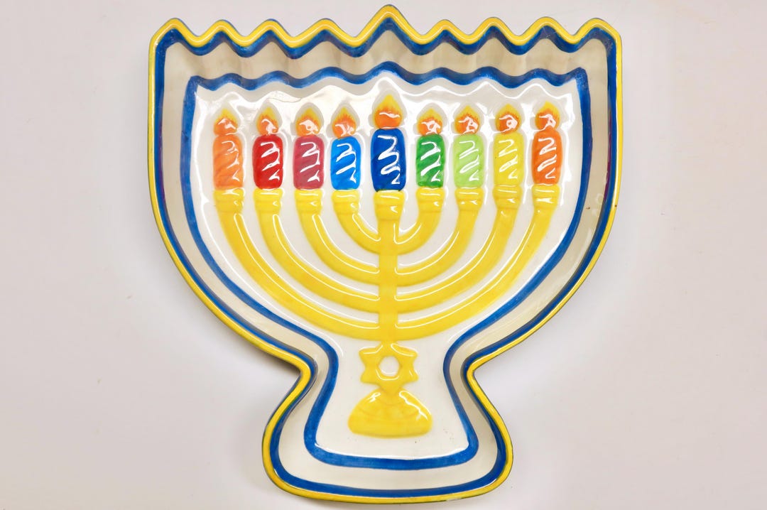 9" Large Jewish Menorah Shaped Nut Candy Dish Ceramic Vintage Judaica ...