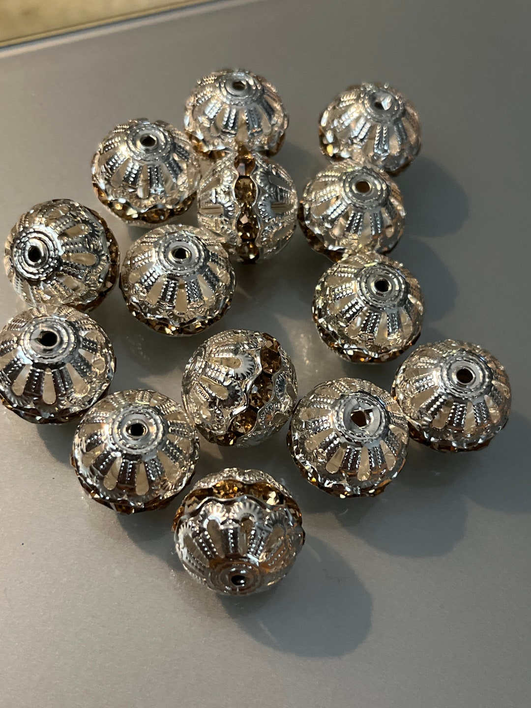 Silver Filigree Round Metal Bead With Amber Rhinestones 16mm - Etsy