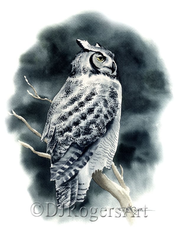 Great Horned Owl Art Print Watercolor Painting by Artist DJ | Etsy