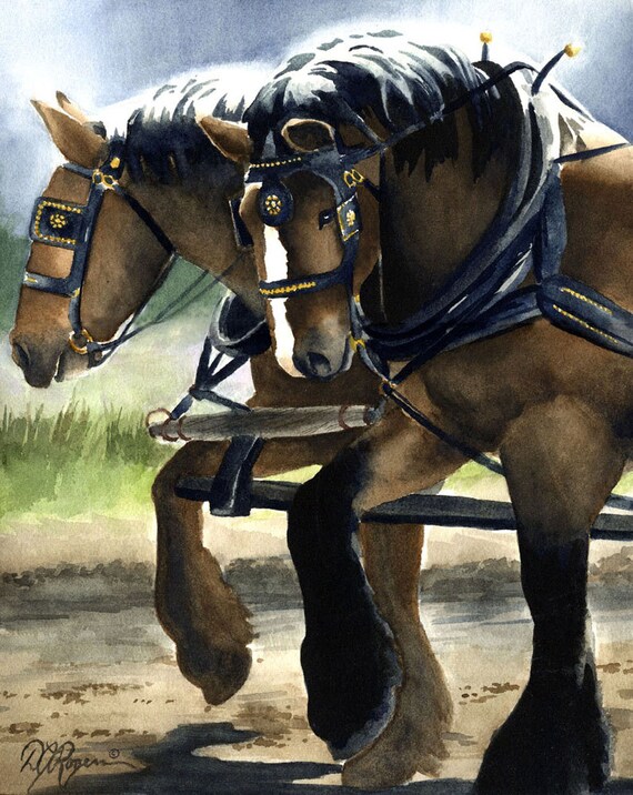 Horses Teamwork Art Print Watercolor | Etsy