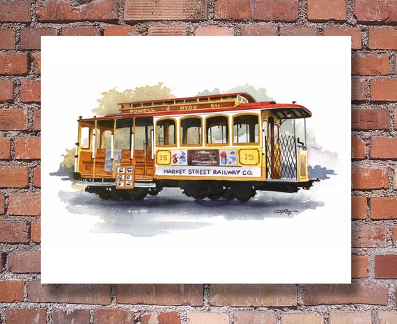 Cable Car Art Print Watercolor Painting by Artist DJ Rogers | Etsy