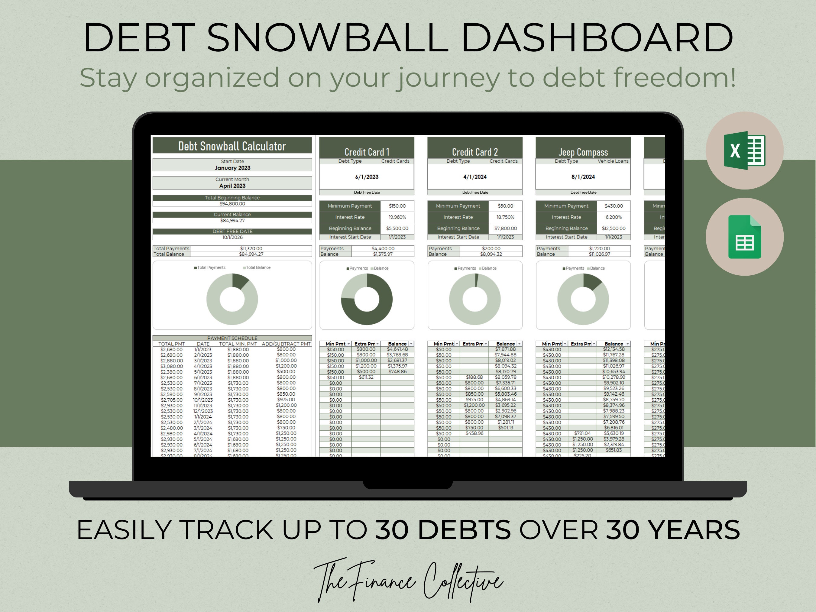 Debt Snowball Excel Google Sheets Spreadsheet Debt Snowball Calculator ...